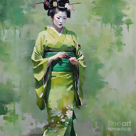 Japanese Geisha In Green A Portrait Painting By Olde Time Mercantile