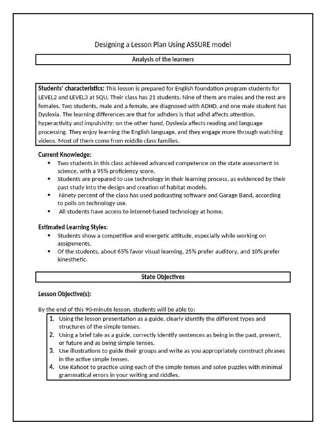 Designing A Lesson Plan Using Assure Model Pdf Learning Reading Comprehension