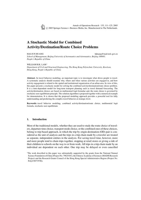 Pdf A Stochastic Model For Combined Activity Destination Route Choice