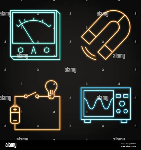 Physics Neon Icon Set In Line Style Electric Circuit Scheme Magnetic