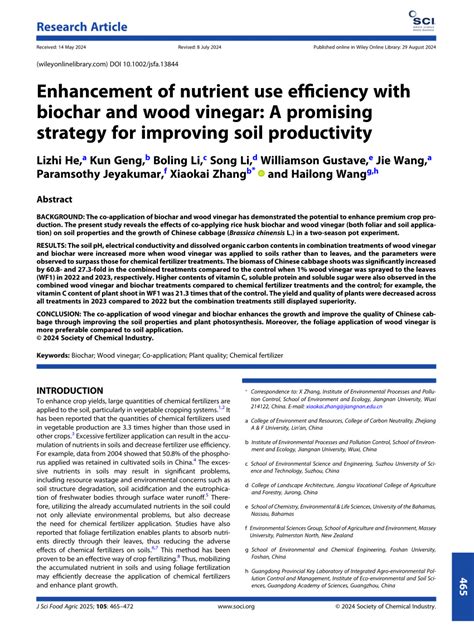 Enhancement Of Nutrient Use Efficiency With Biochar And Wood Vinegar A Promising Strategy For