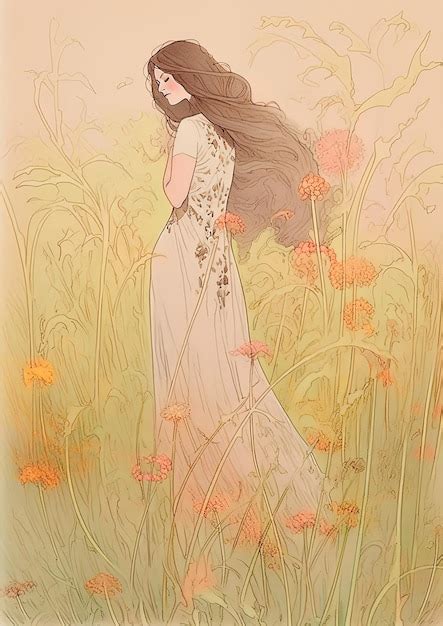 Premium Photo A Drawing Of A Woman In A Field Of Flowers