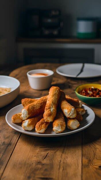 A Plate Of Mozzarella Sticks Presented On The Kitchen Table Vertical