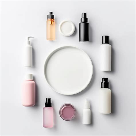 Premium Ai Image A Close Up Of A White Plate With Various Bottles Of