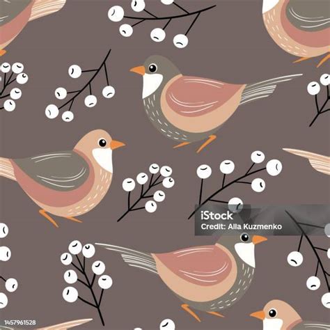 재미있는 다채로운 새 꽃 잎 및 열매가있는 완벽한 패턴 작은 만화 새와 컬러 플랫 벡터 일러스트레이션 귀여운 캐릭터 초대 포스터 카드 섬유 직물을위한 디자인 가리기에 대한