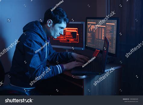Male Hacker Hood Typing Program Code Stock Photo Shutterstock