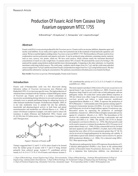 Pdf Production Of Fusaric Acid From Cassava Using Fusarium Oxysporum