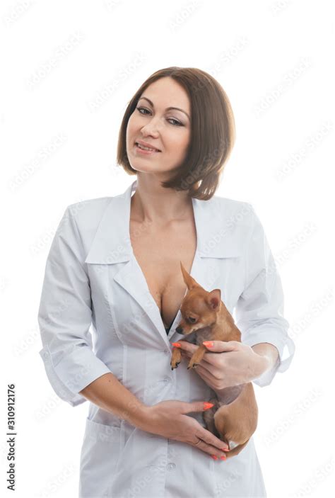 Sexually Vet Doctor Woman On Isolated White Background With Dog Toy