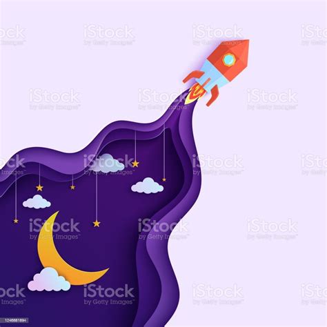 밤 하늘과 종이 컷 스타일의 빨간 로켓 밧줄과 달 종이 컷 예술에 별보라색과 파란색 그라데이션 흐린 풍경3d 배경을 잘라 동기 부여 포스터에 대한 벡터 카드 템플릿입니다 0