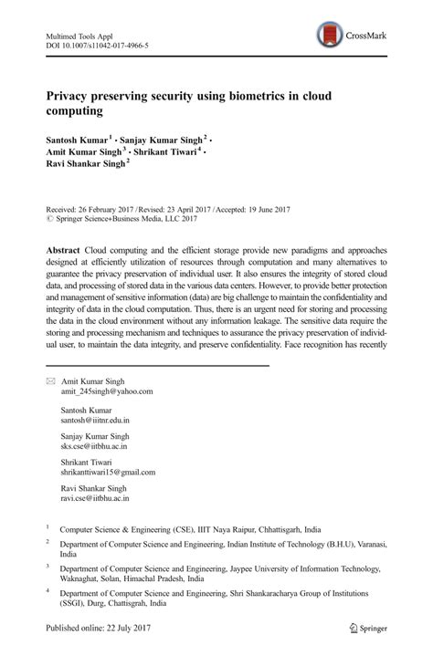 pdf privacy preserving security using biometrics in cloud computing