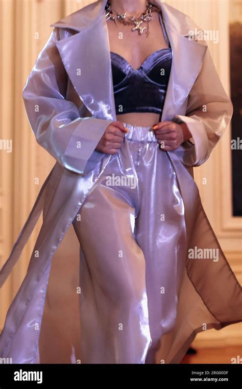 Cropped Female Fashion Model In Blue Satin Stylish Classy Set Jacket