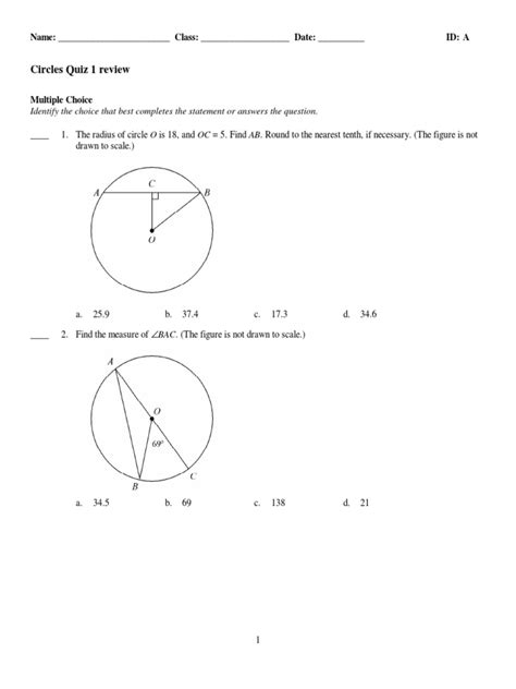 Circles Quiz 1 Review Answers And Explanations Pdf Geometry Geometric Objects