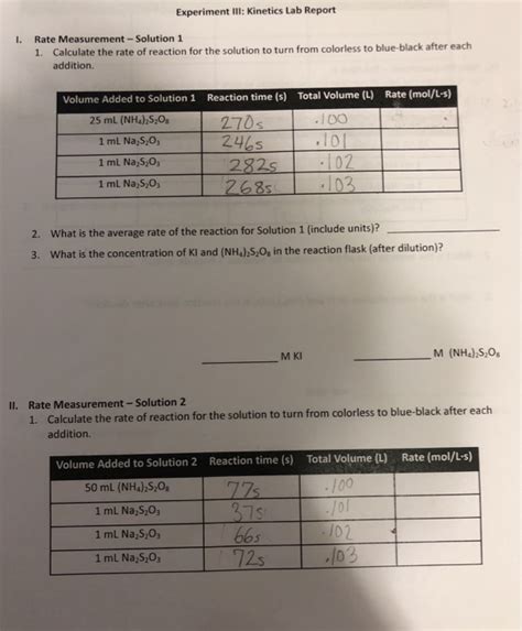 Experiment III Kinetics Lab Report Rate Measurement Chegg Com