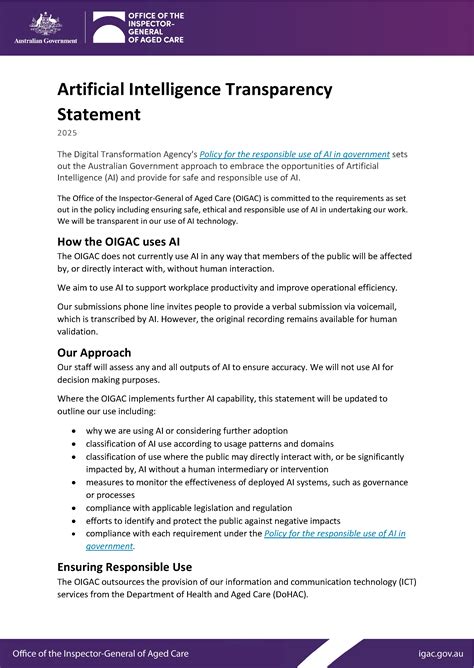 Artificial Intelligence Ai Transparency Statement Inspector General Of Aged Care