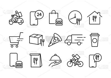 为小工具或设备应用程序设计的食品递送图标菜单集。