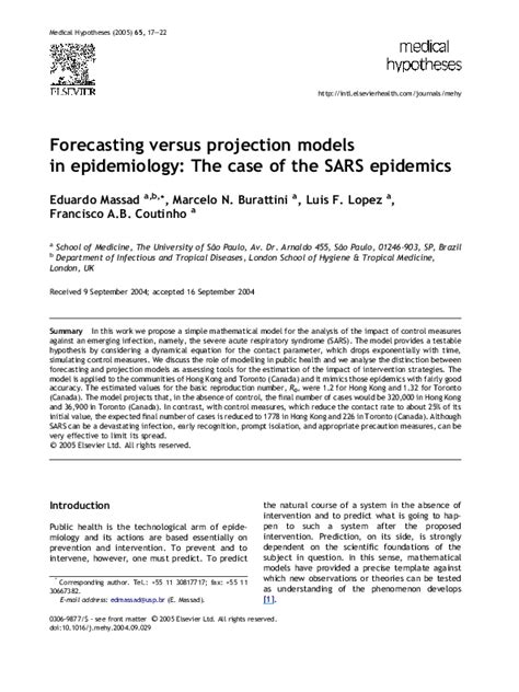 Pdf Forecasting Versus Projection Models In Epidemiology The Case Of The Sars Epidemics