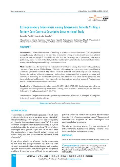 Pdf Extra Pulmonary Tuberculosis Among Tuberculosis Patients Visiting
