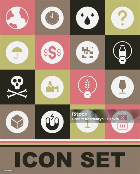 설정 온도 세척 깨지기 쉬운 깨진 유리 유당 무료 물 방울 달러 기호 우산 배달 패키지 전 세계 및 Qr 코드 아이콘 벡터 0