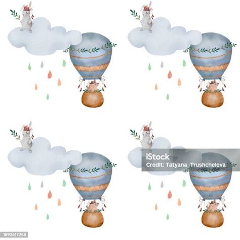 수채화 패턴 아기 열기구 파스텔 색상입니다 구름과 화려한 비가 있는 보헤미안 스타일의 토끼와 곰의 귀여운 그림 아동용 직물 및