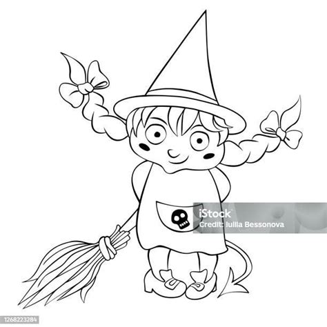 만화 낙서 스타일에 그려진 마녀의 의상을 입은 귀여운 어린 소녀 흰색 배경에서 격리된 벡터 윤곽선 그림입니다 색칠 공부 페이지 할로윈 디자인 인사말 카드 검은색에 대한 스톡