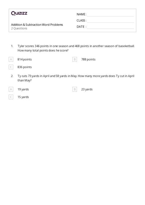 Subtraction Word Problems Worksheets For Th Grade On Quizizz Free Printable