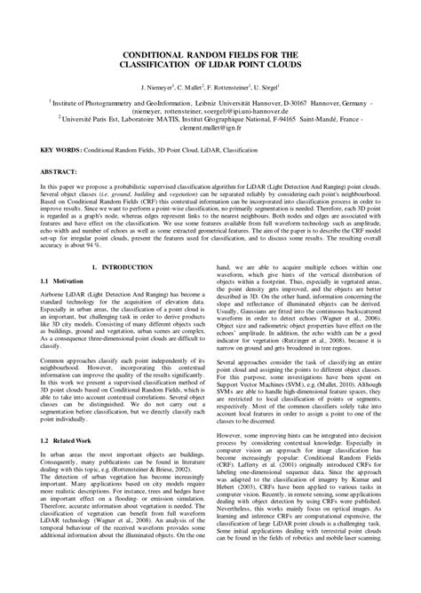 Pdf Conditional Random Fields For The Classification Of Lidar Point