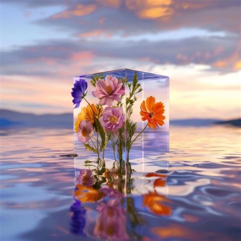 Premium Photo 3d Glass Cube With Flowers On The Water