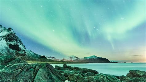 Download Wallpaper 1920x1080 Northern Lights Rocks Lake Starry Sky