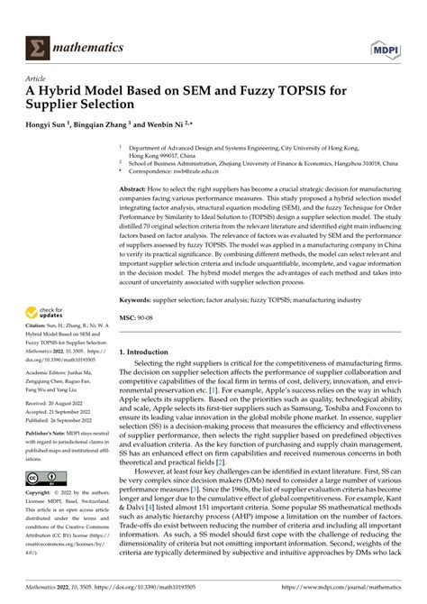 pdf a hybrid model based on sem and fuzzy topsis for supplier selection