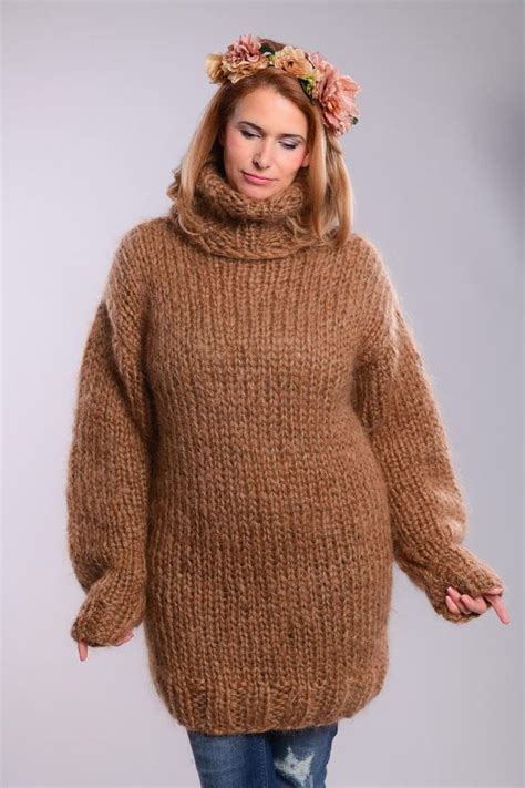 Pull En Mohair Brun épais Pull à Col Roulé Grosse Maille Hand Knitted