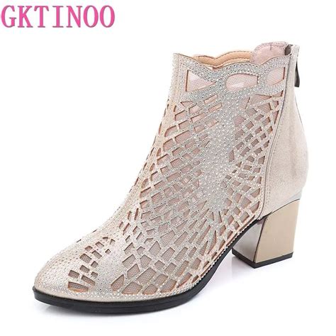 Gktinoo 새로운 여성 부츠 여름 신발 2022 두꺼운 뒤꿈치 중공 메쉬 부츠 패션 샌들 통풍 여성 신발앵클 부츠