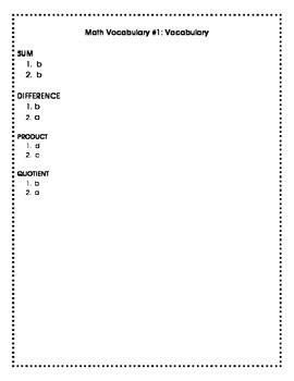 Sum Difference Product Quotient Vocab Practice Questions Tpt