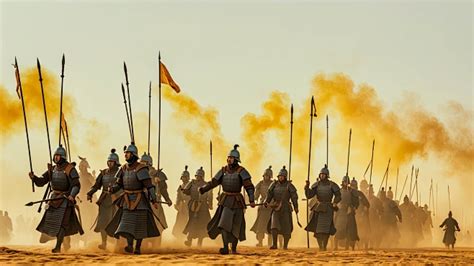 中国古代士卒行军时候的场景，真人实拍，远景，背景是沙漠黄烟 2 花瓣网