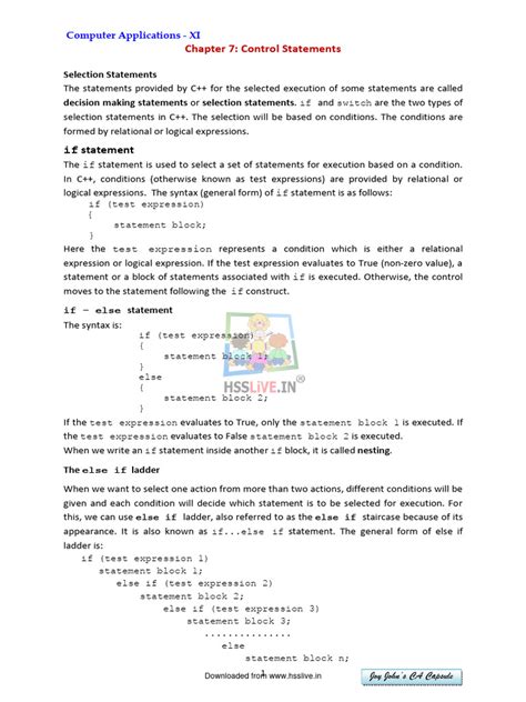 Hsslive Xi Joy Ca1 Chap7 Notes Pdf Control Flow Computer