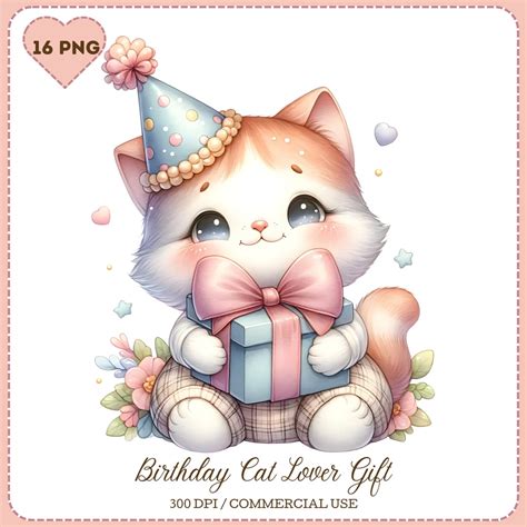 Birthday Cat Clipart Party Hat T Png Set Digital Download Etsy