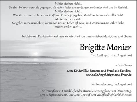 Traueranzeigen Von Brigitte Monier Trauer Nordkurier