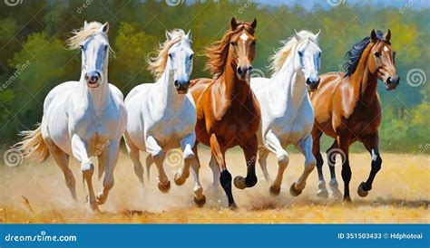 Original Oil Painting On Canvas Running Five Horses Modern
