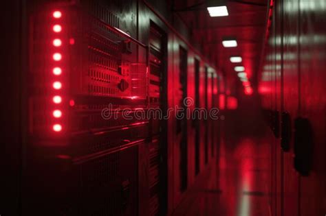 A Row Of Servers With Red Lights In A Server Room Ideal For Illustrating Technology Data
