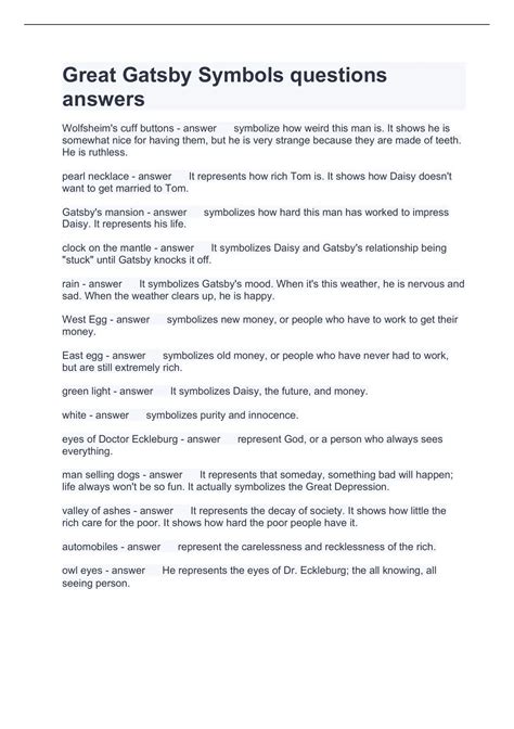 great gatsby symbols questions and answers the great gatsby stuvia nl