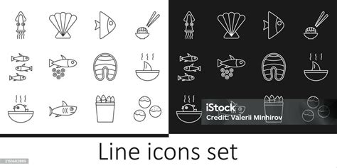 세트 라인 타코야키 상어 지느러미 수프 생선 캐비어 생선 문어 스테이크 및 가리비 조개 아이콘 벡터 가득 찬에 대한 스톡 벡터 아트 및 기타 이미지 Istock