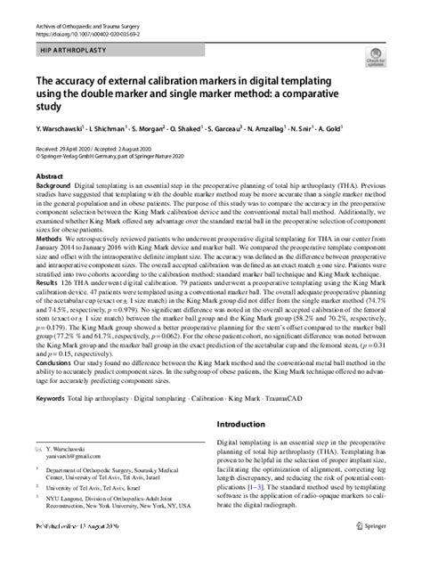 Pdf The Accuracy Of External Calibration Markers In Digital Templating Using The Double Marker