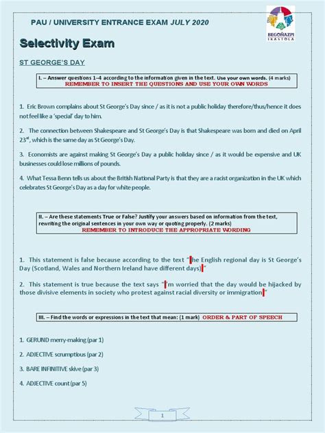 Selectivity Exam 3 St Georges Day Key Pdf