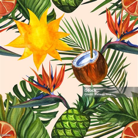 열 대 야자수 코코넛 파인애플 플립 플롭과 선글라스와 아름 다운 손으로 그려진 된 패턴입니다 수채화 원활한 패턴 여름 배경 0명에 대한 스톡 벡터 아트 및 기타 이미지