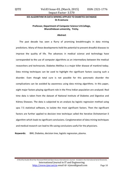 Pdf Id3 Algorithm In Data Mining Applied To Diabetes Database