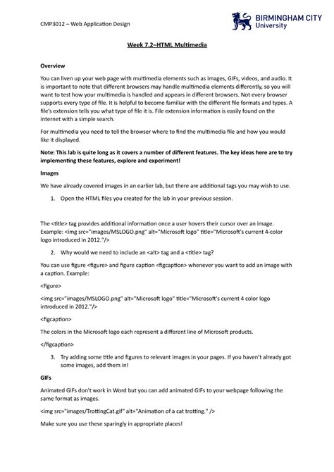 Week Lab Lab Sections Classes Course Work Explanation BCU Studocu