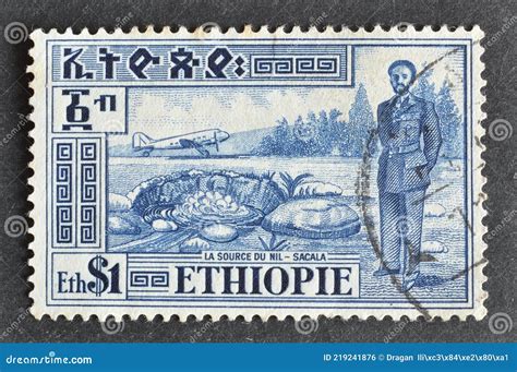 Cancelled Postage Stamp Printed By Ethiopia That Shows Emperor Haile Selassie And Source Of
