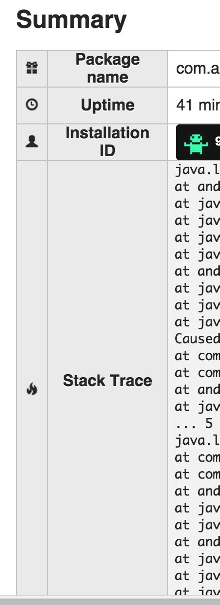 android acra crash report custom report reportfield stack trace