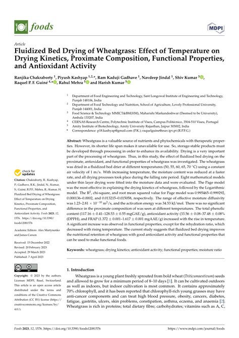 Pdf Fluidized Bed Drying Of Wheatgrass Effect Of Temperature On