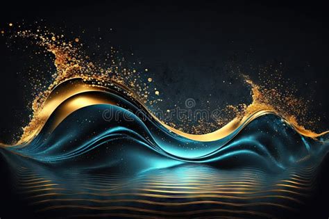 Blue Abstract Wave Background With Golden Particles Floating In The