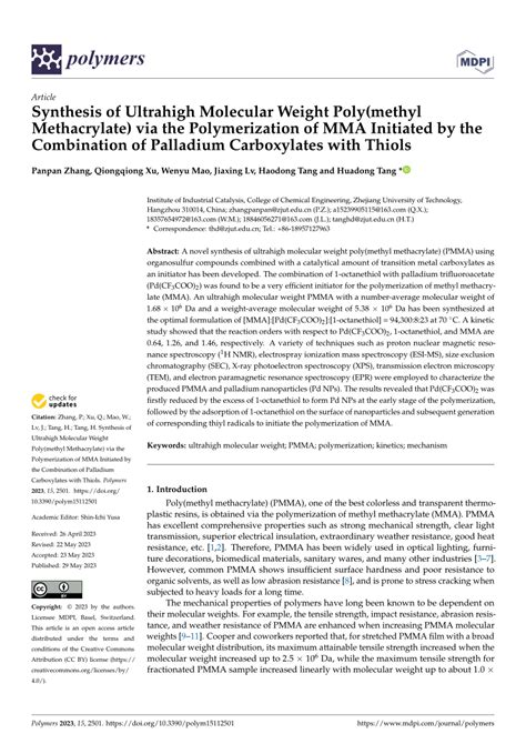 Pdf Synthesis Of Ultrahigh Molecular Weight Polymethyl Methacrylate